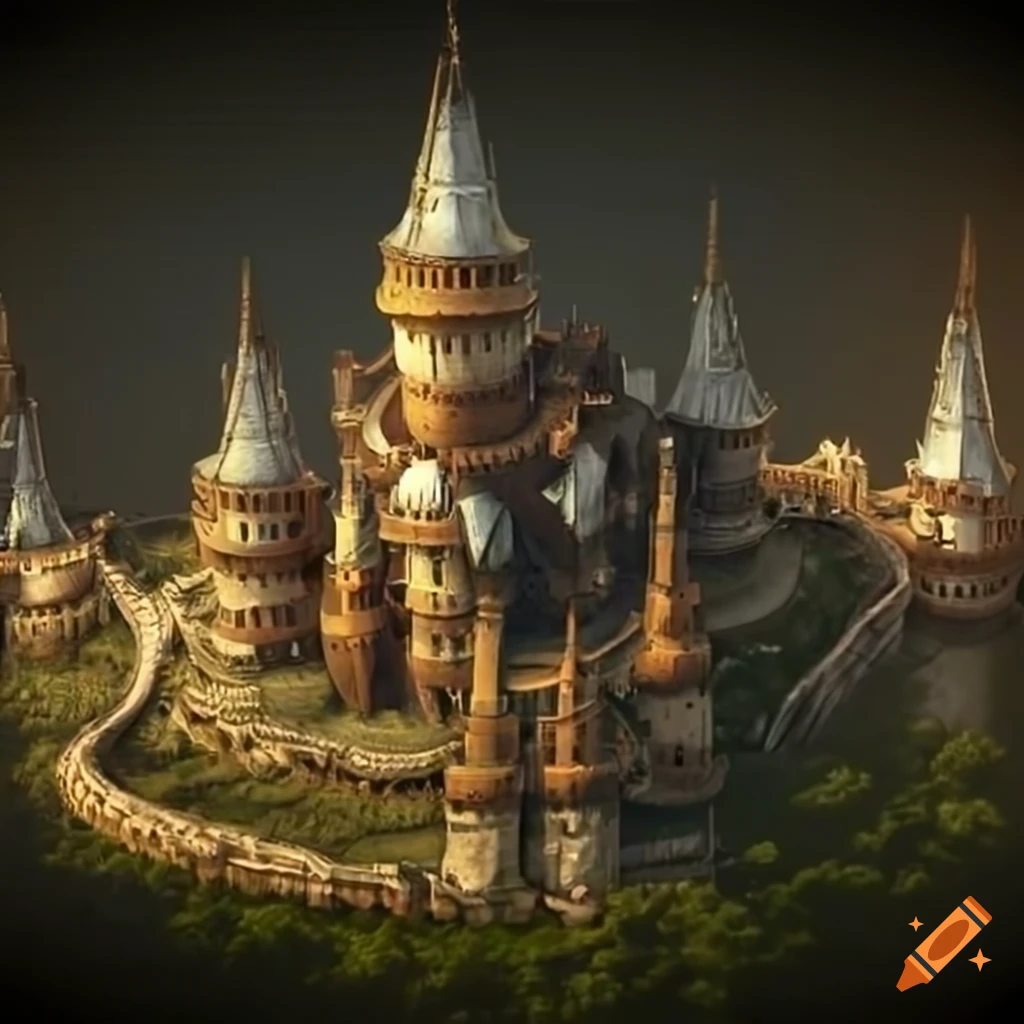 Aerial view of a steampunk fantasy tropical castle on Craiyon