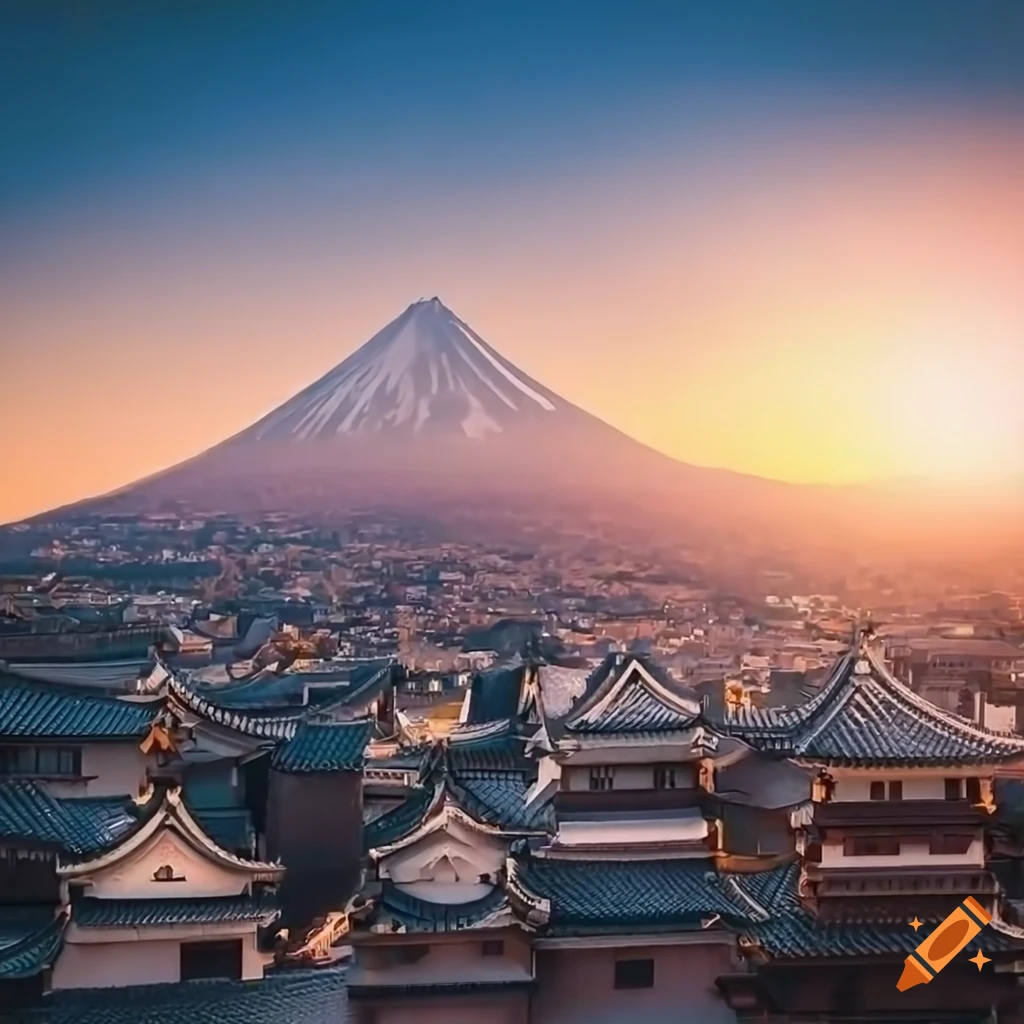 Sunset view of a Japanese castle citadel town with Mount Fuji in the ...