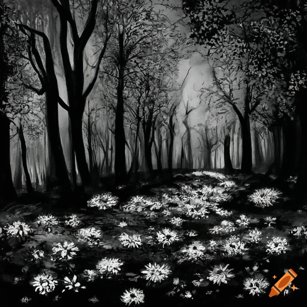 Monet's impressionist painting of a flower field in a forest