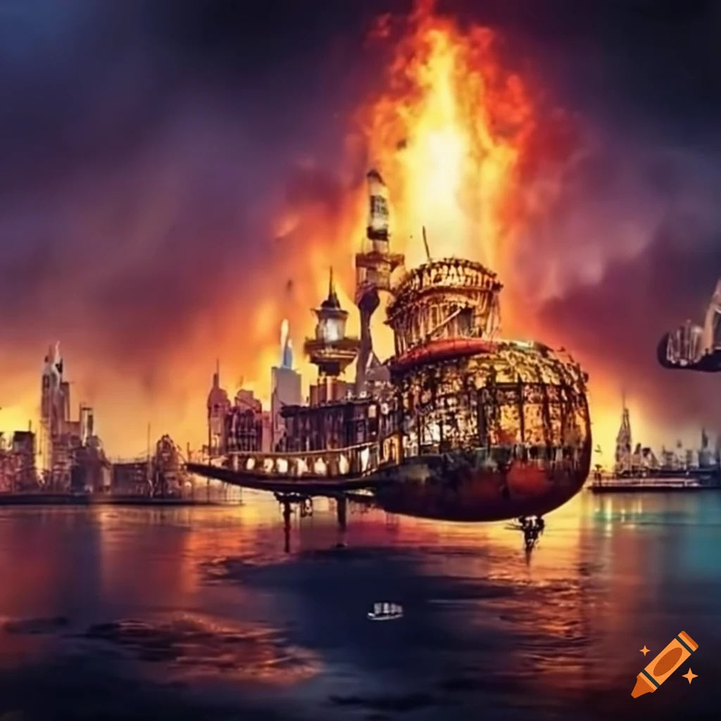 Steampunk metropolis floating on an airship above the clouds on Craiyon