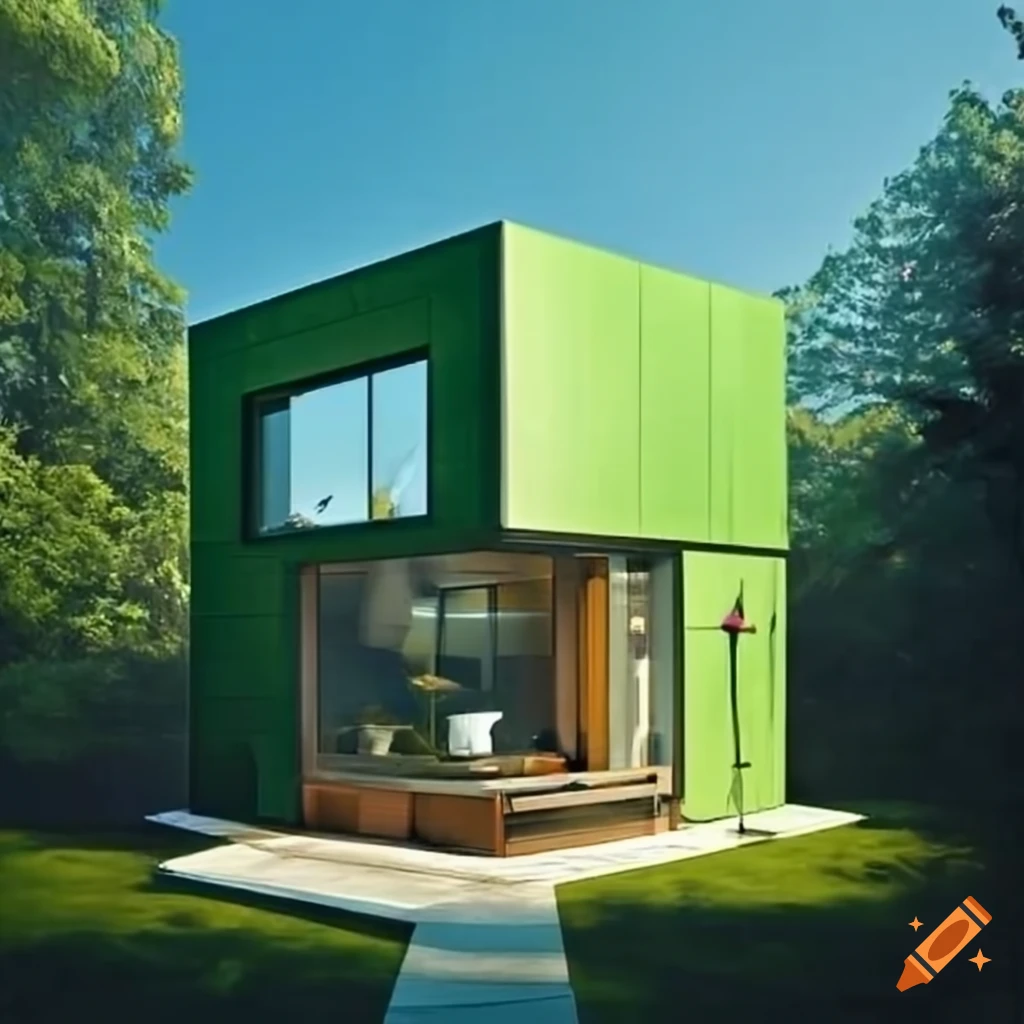 Modern green house with large windows and garden on Craiyon