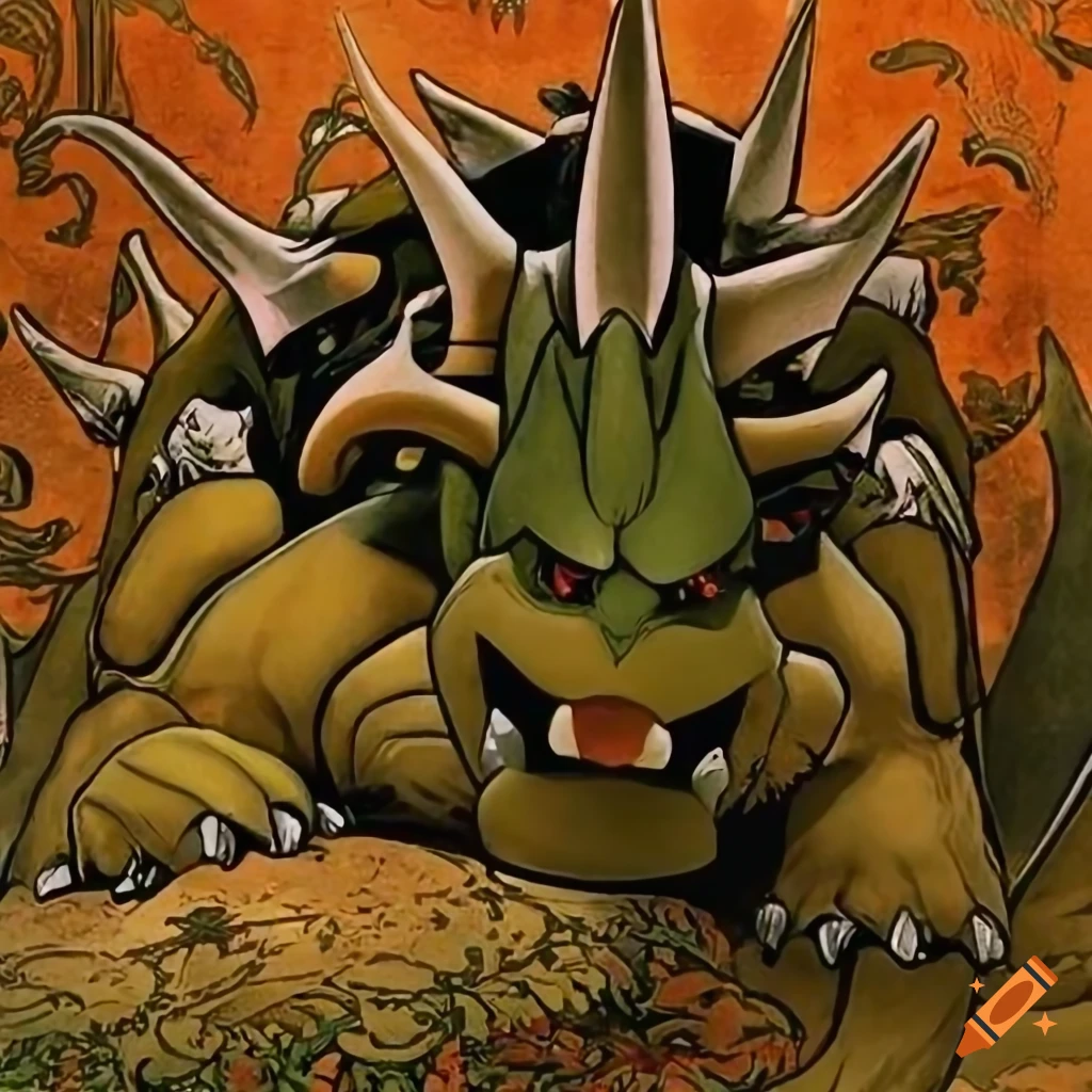 Jugendstil illustration of Bowser leaping through a sewer on Craiyon