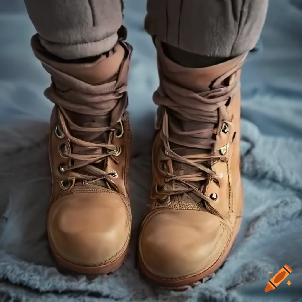 Close-up of dusty winter boots sinking into a soft blanket on Craiyon