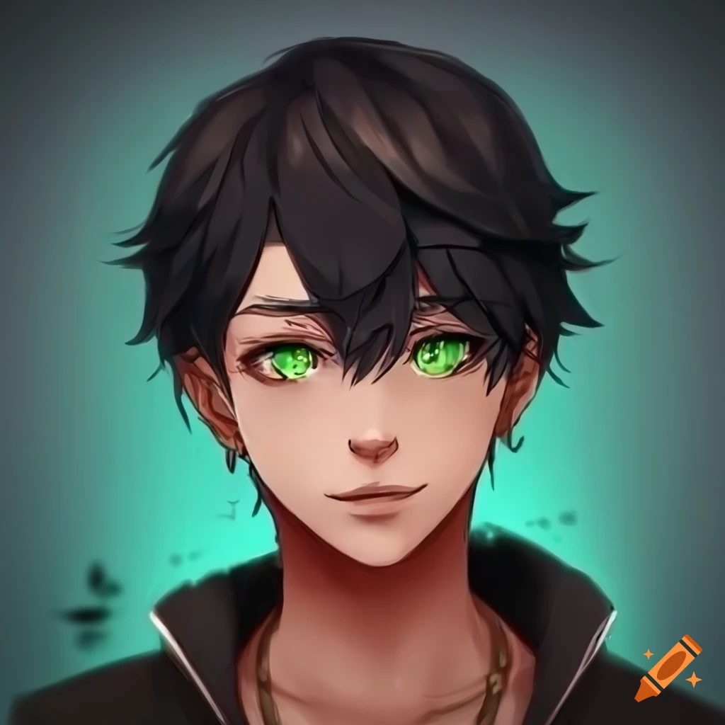 2D VTuber with green eyes, dark skin, and black hair on Craiyon