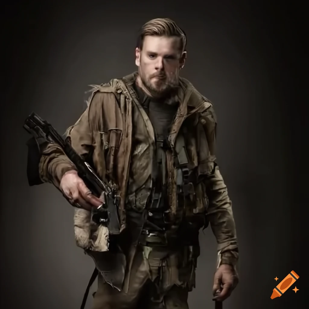 Realistic depiction of a rugged hunter in a post-apocalyptic world on ...