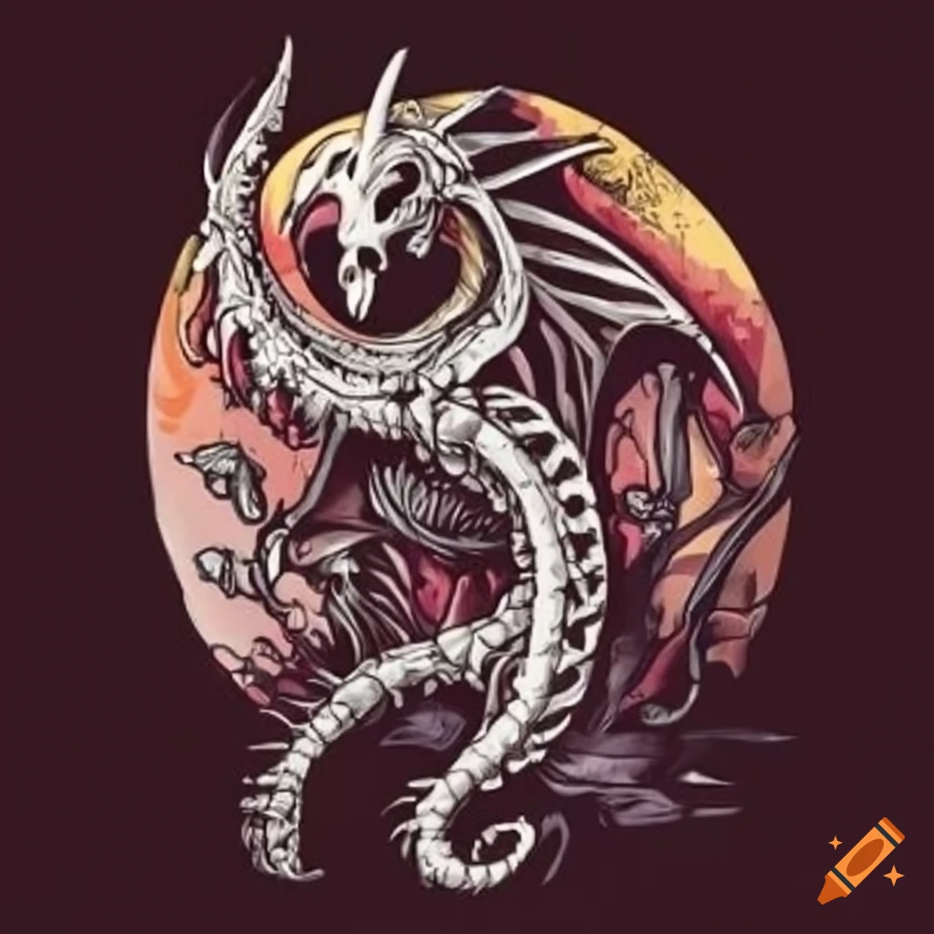 Black and white dragon skeleton illustration on Craiyon