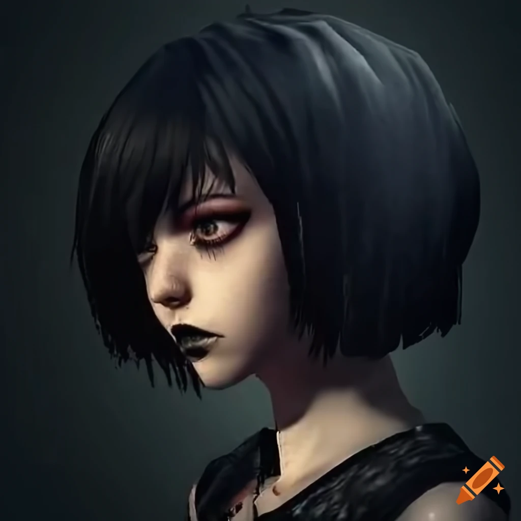 Retro style illustration of a goth girl with wolf cut hair on Craiyon