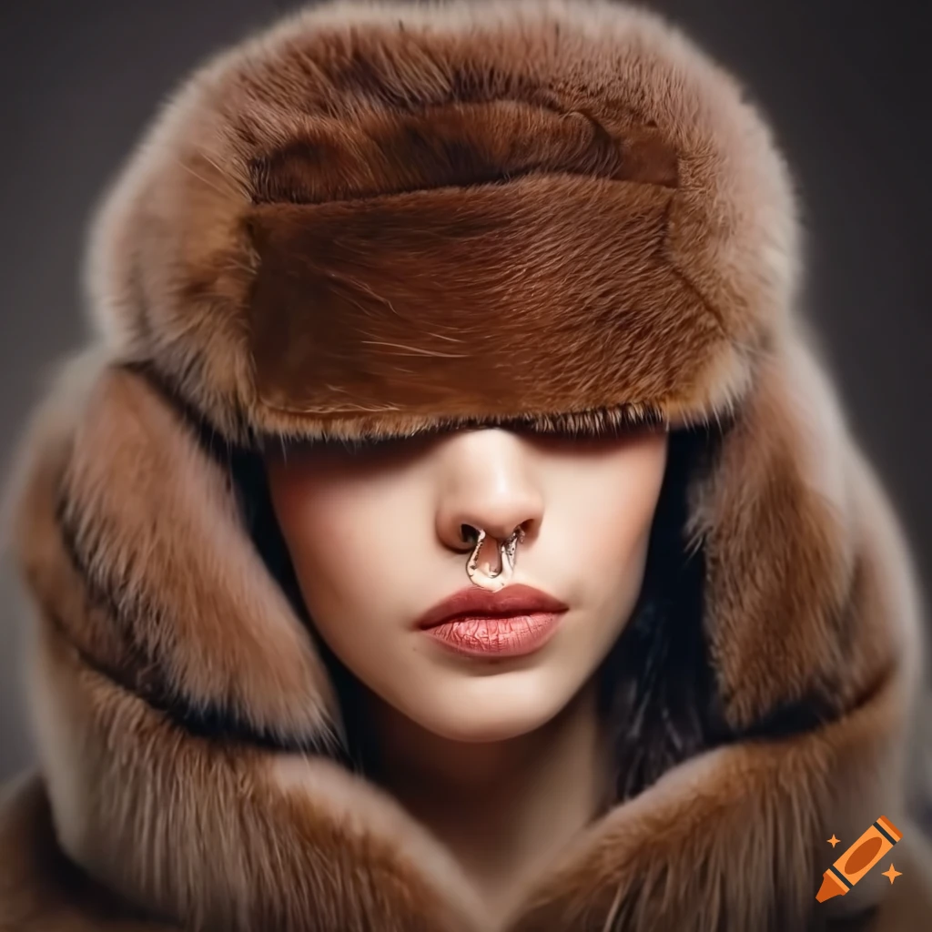 Woman with red hair in fur coat and sleep mask on Craiyon