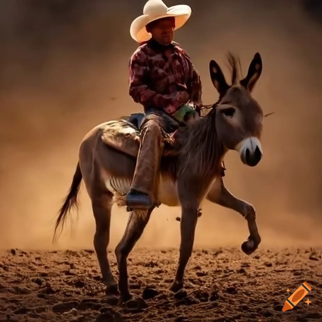 Cowboy riding a spirited donkey at a rodeo on Craiyon