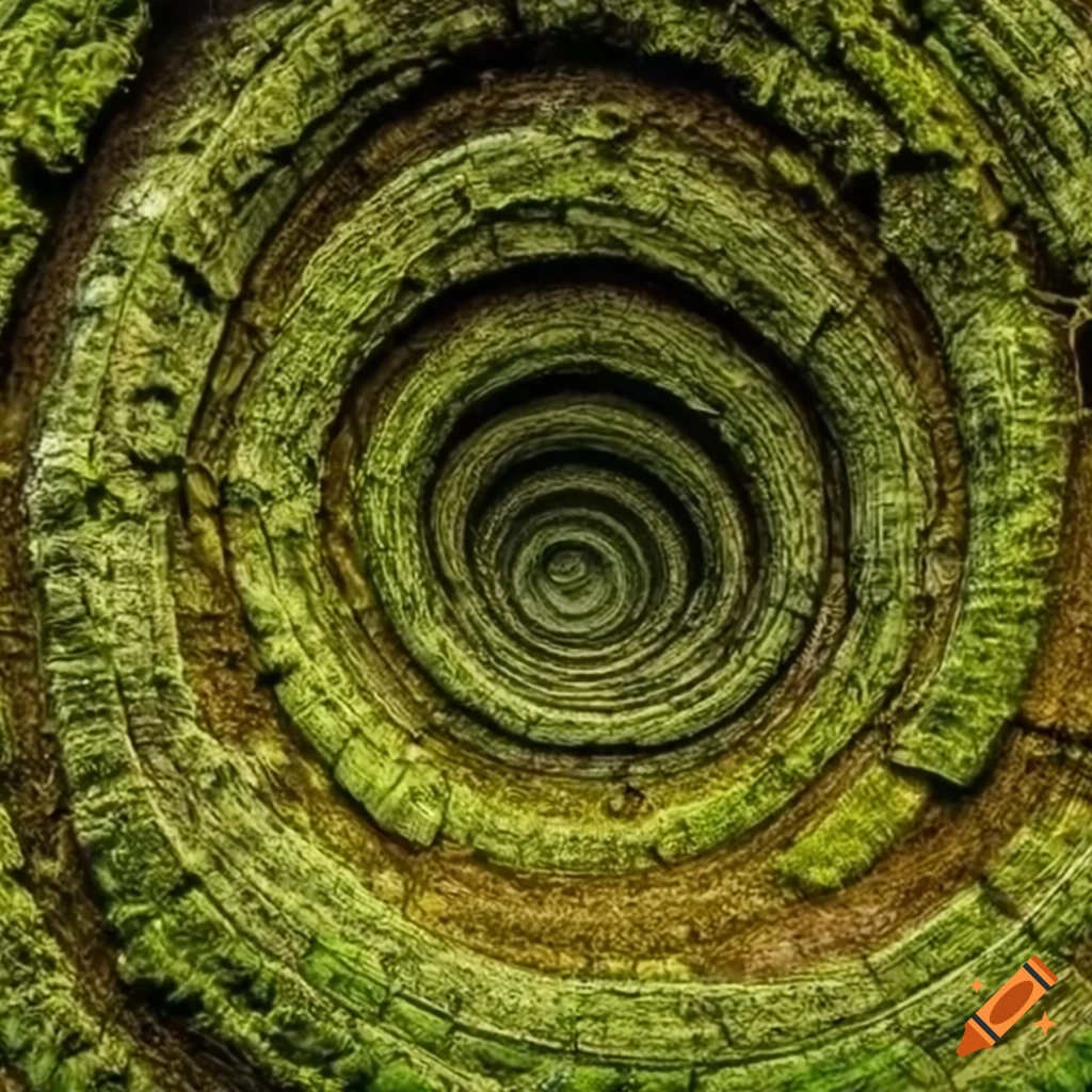 Baroque moss-covered door with acid spiral design and fantasy building ...