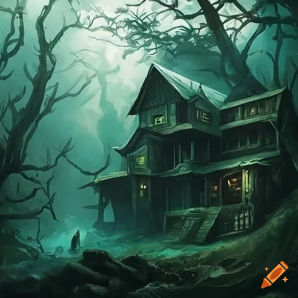 Dark fantasy art of a sinister house in a jungle
