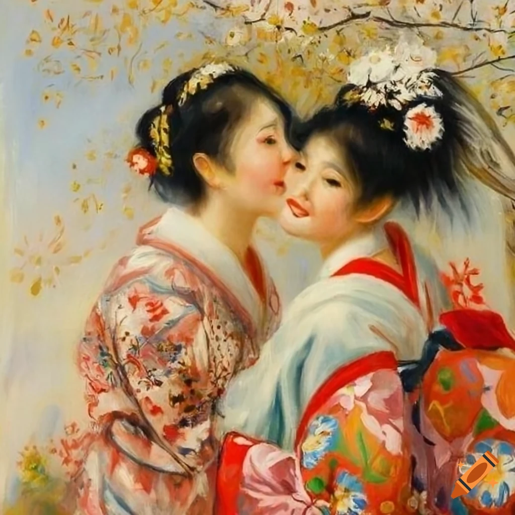 Renoir-style painting of a lesbian couple in heian court attire on Craiyon