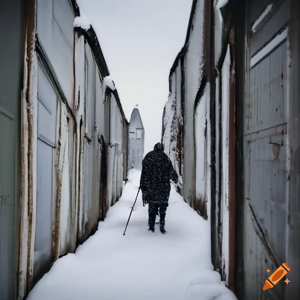 Snowy urban scene with abandoned cars and small garages on Craiyon