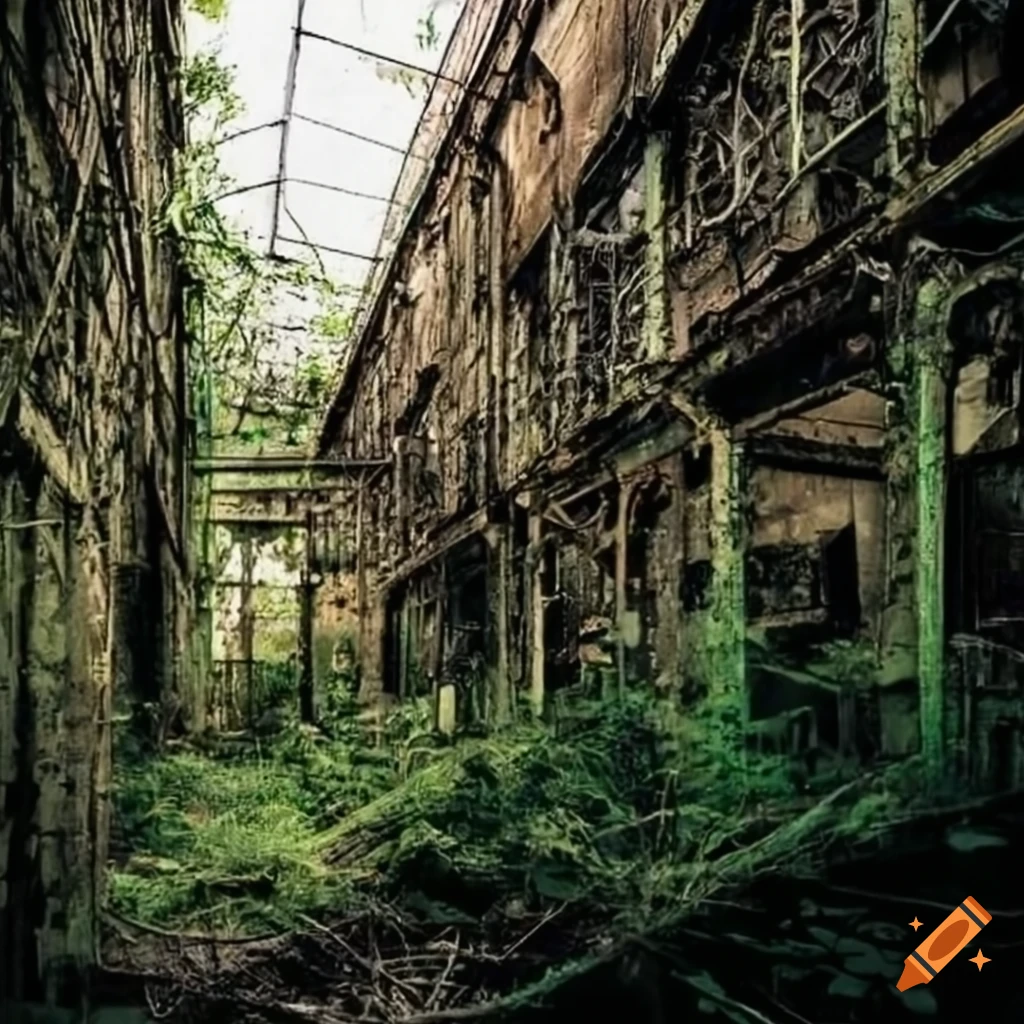 Abandoned brick and sandstone buildings sinking into water in thick fog ...