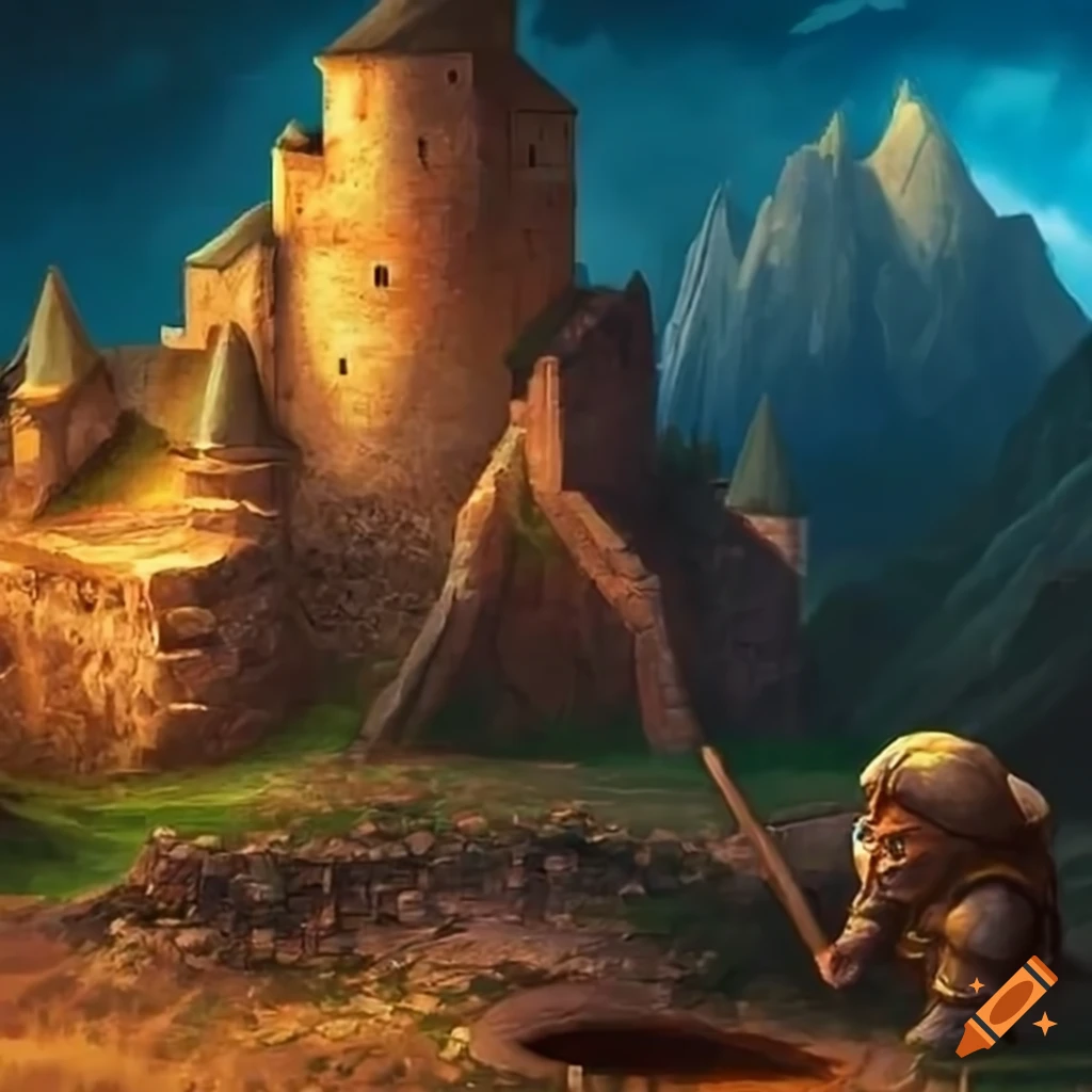 Illustration of a dwarf digging near a mountain fortress on Craiyon