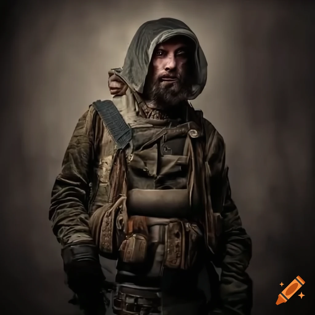 Realistic depiction of a rugged hunter in a post-apocalyptic world on Craiyon