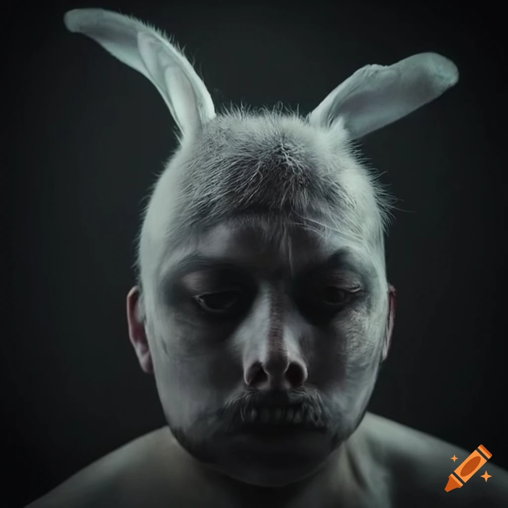 Surrealist painting of a man in a rabbit costume