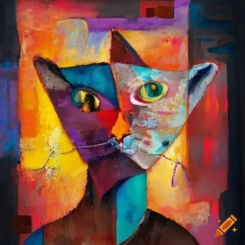 Textured Cubism painting with fabric, bells, chains, cat and keys on ...