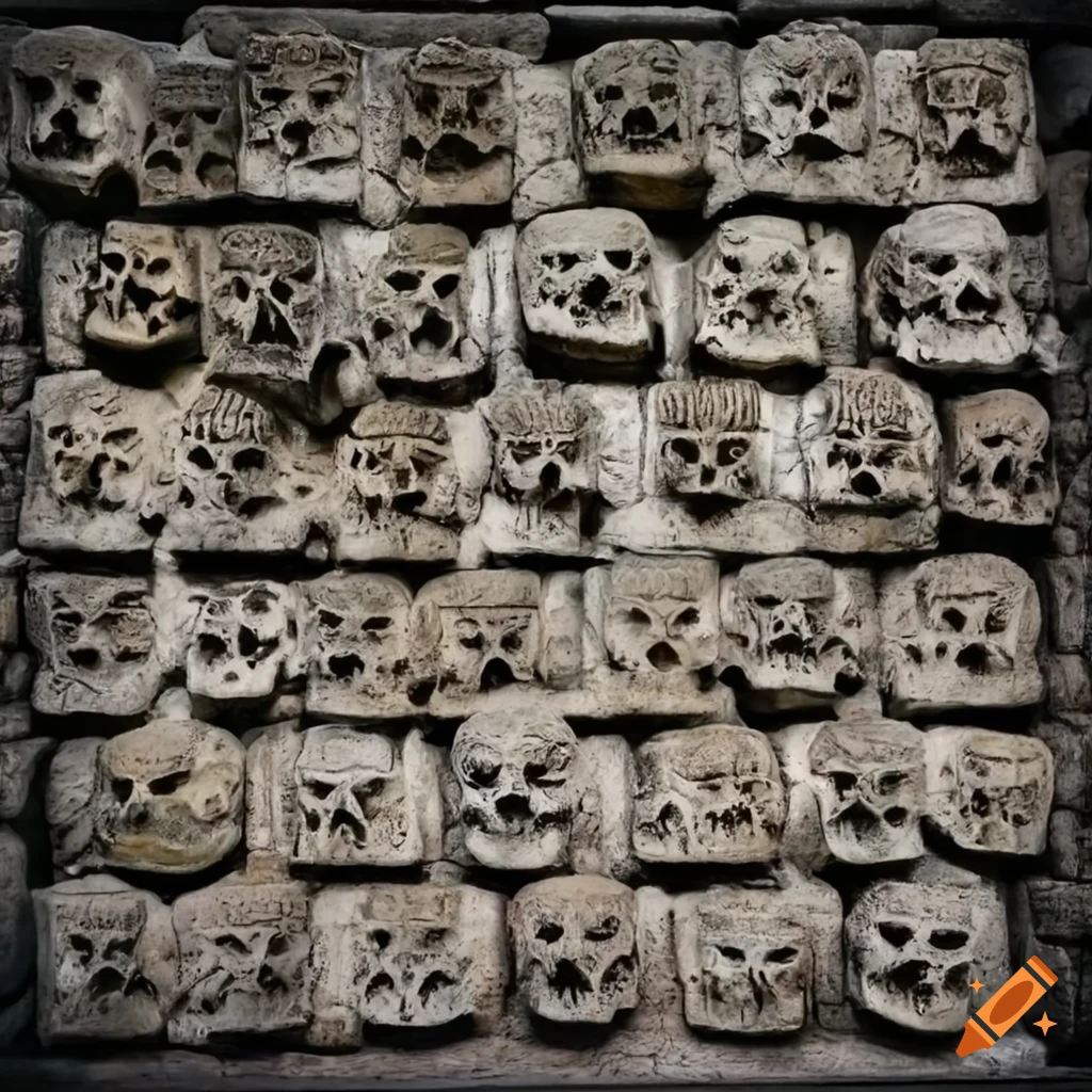 Carved skull blocks on an old stone wall on Craiyon