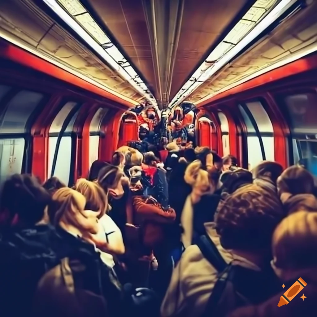 Crowded interior of a london tube train