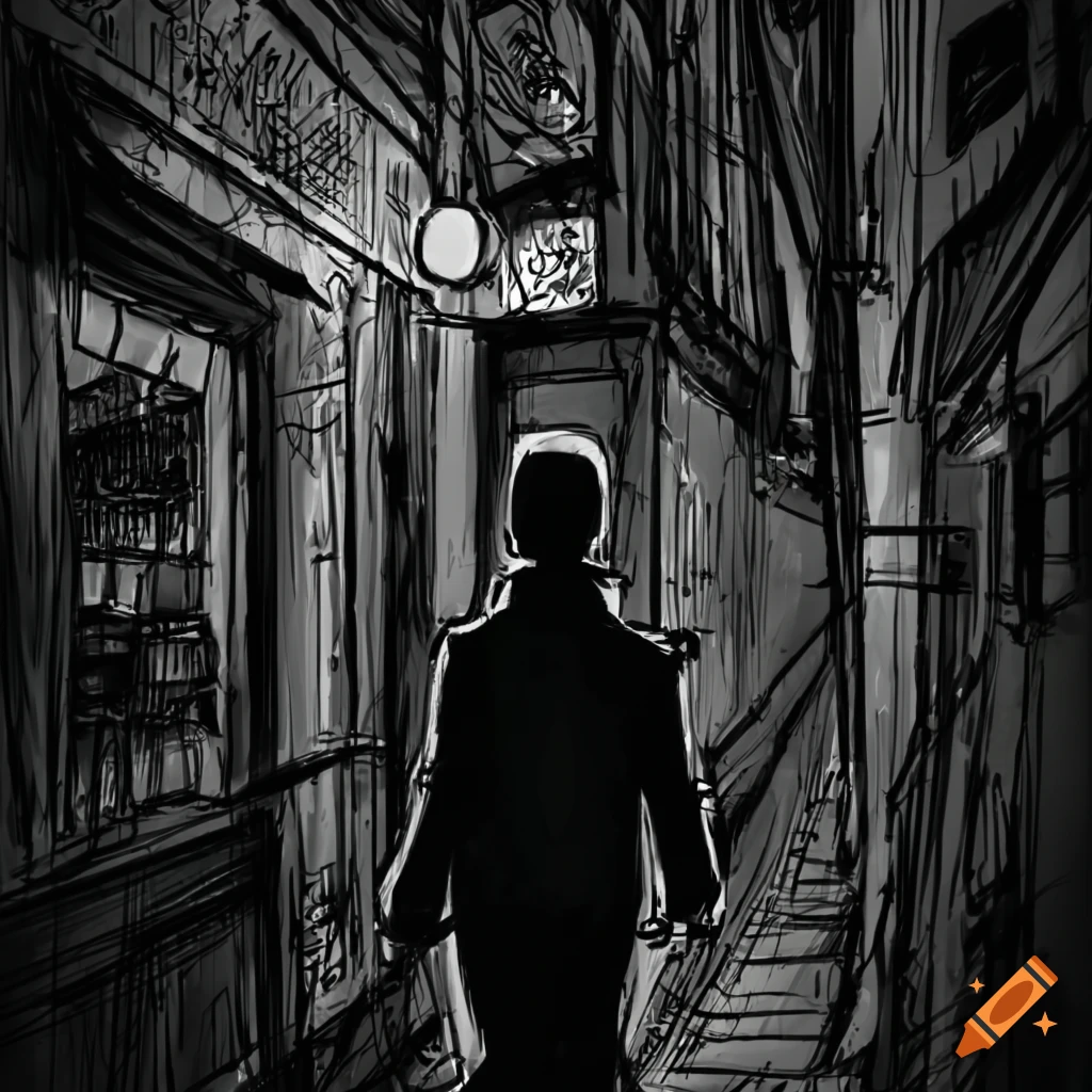 Sketch of a man in a dark alley on Craiyon