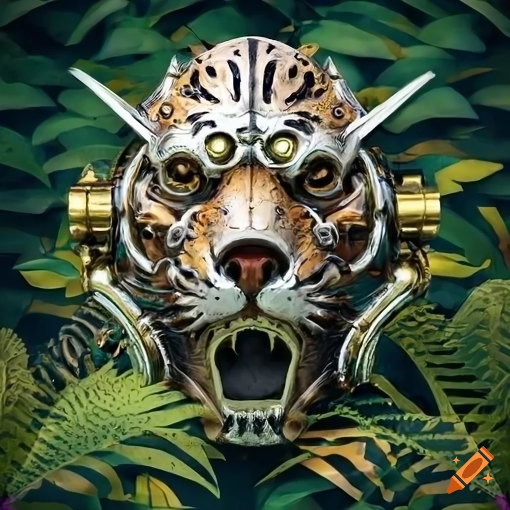 Chrome biomechanical tiger death mask on jungle background on Craiyon