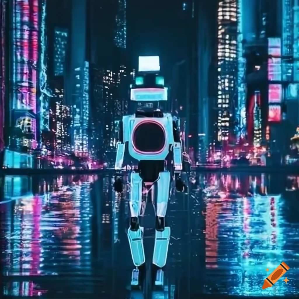 Neon-lit futuristic city with a walking robot on Craiyon