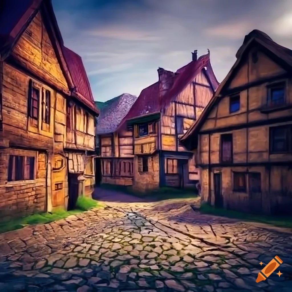 Medieval cobbled square with wood houses