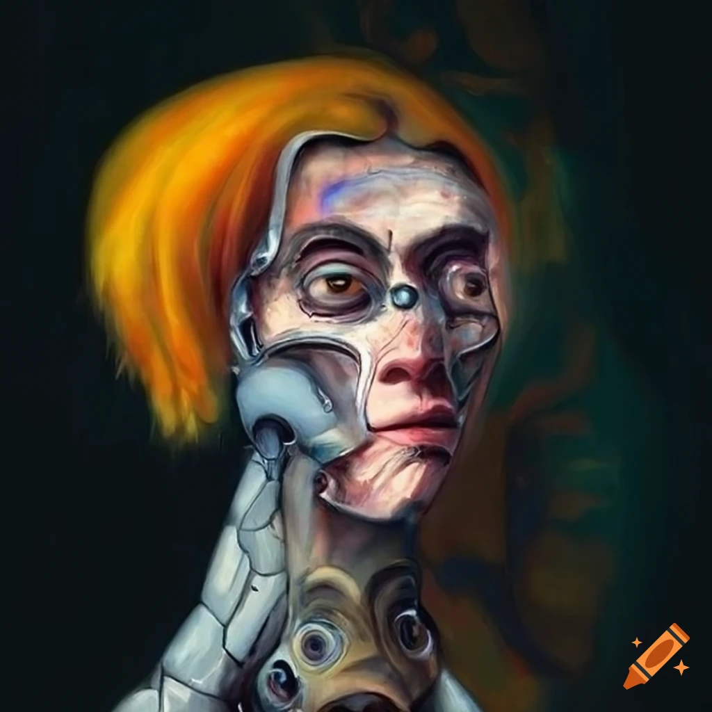 Surreal artwork with a futuristic cyborg and parrot face on Craiyon