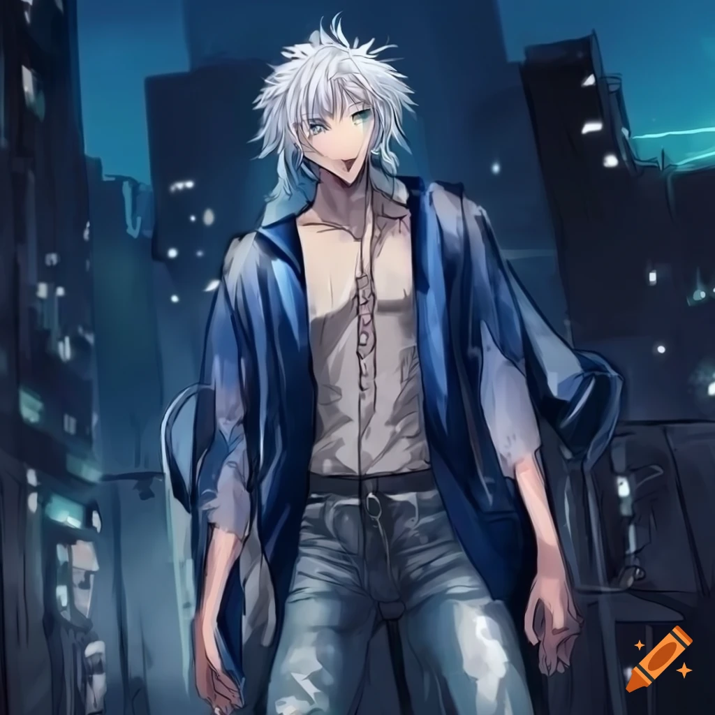 Tall male wearing deep blue button-up shirt and silver sheer jacket on ...