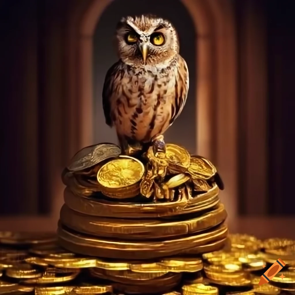 Fantasy illustration of an owl on a golden throne on Craiyon