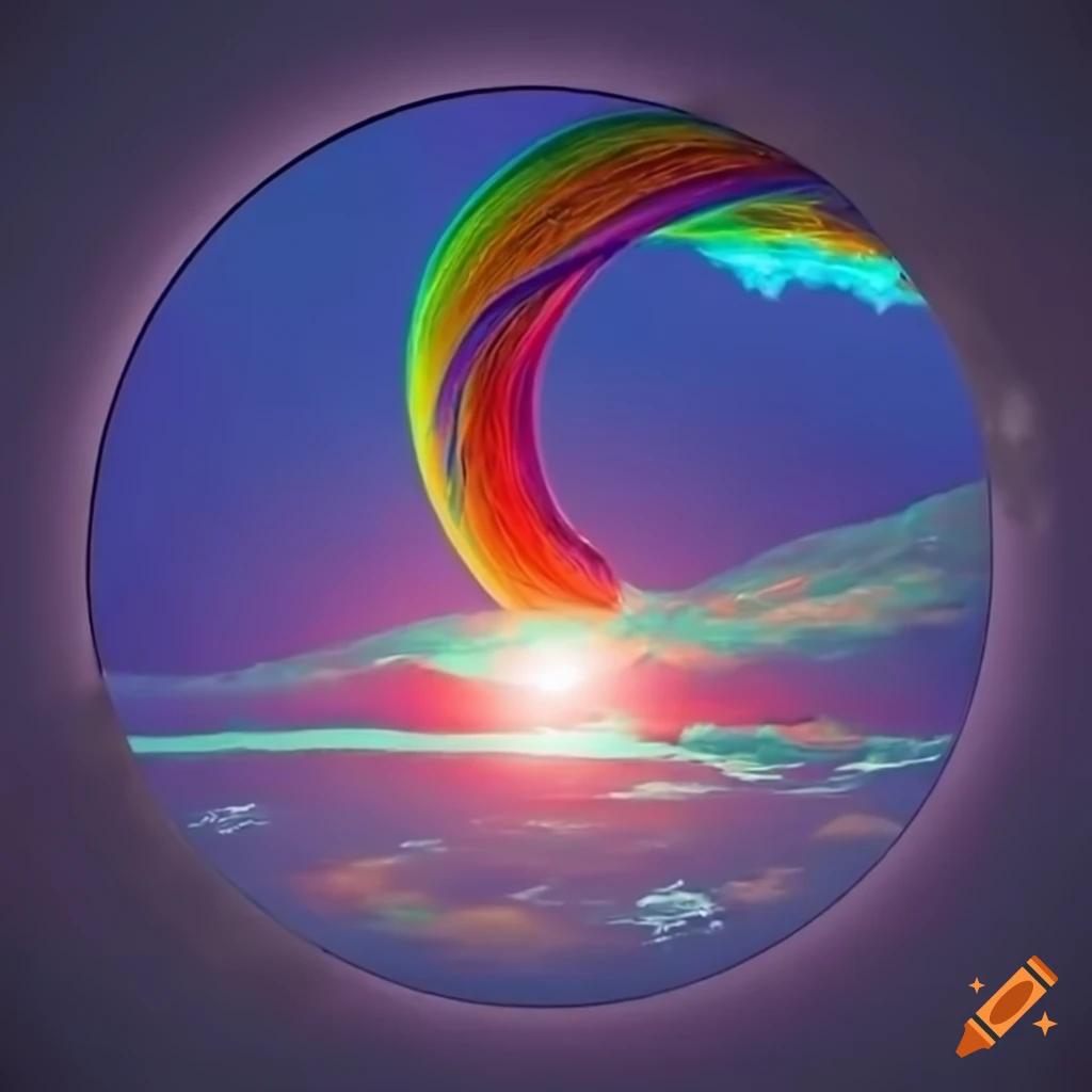 Artistic depiction of a blue airplane in a red sky with rings