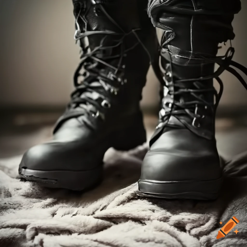 Close-up of worn black steel cap paratrooper boots on Craiyon