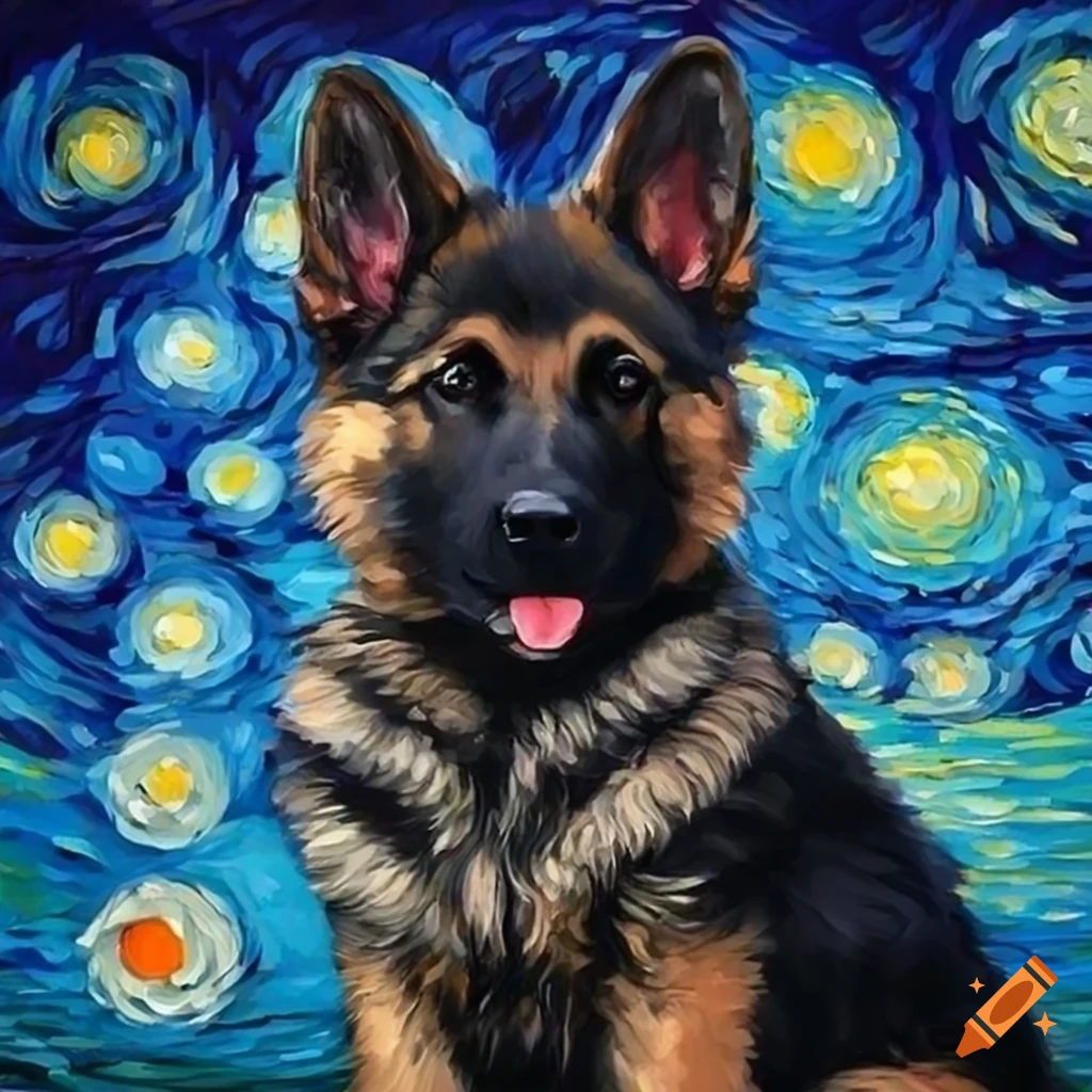 Hyper detailed painting of a sitting german shepherd puppy