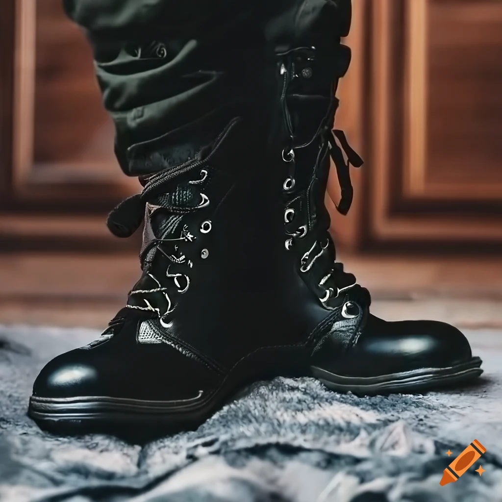 Close-up of worn black steel cap boots on cozy blanket on Craiyon