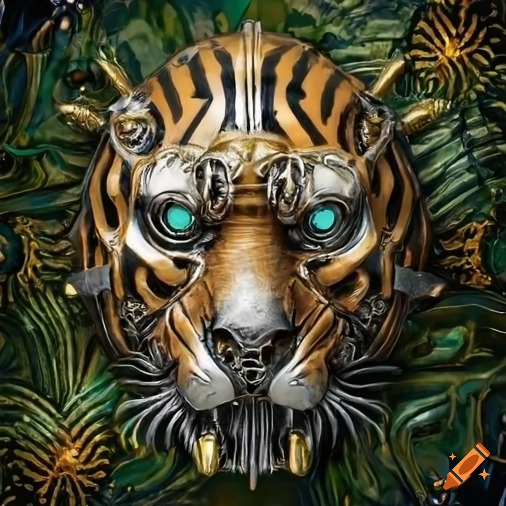 Chrome biomechanical tiger death mask on jungle background on Craiyon