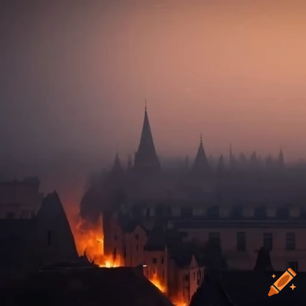 Image of a misty medieval city under burning ash on Craiyon