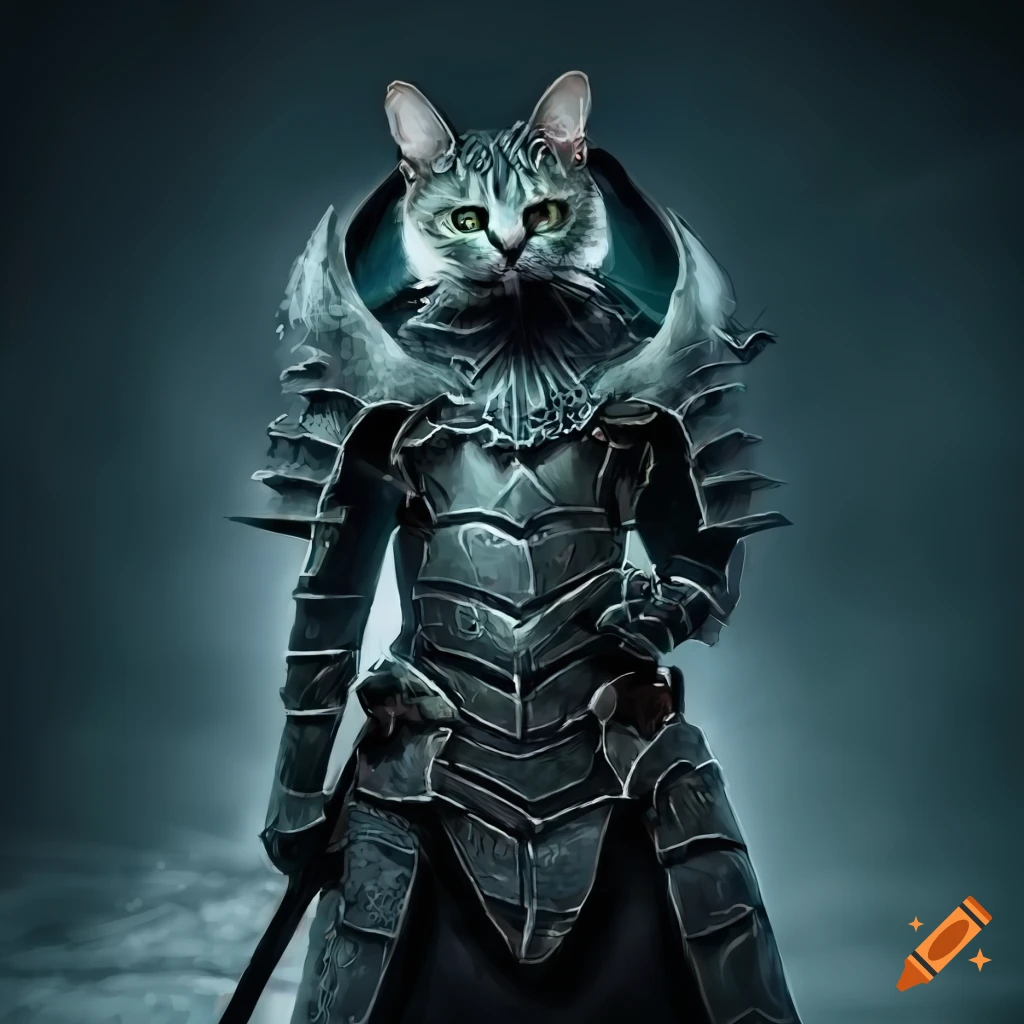 Dark fantasy artwork of a cat warrior in shark armor on Craiyon