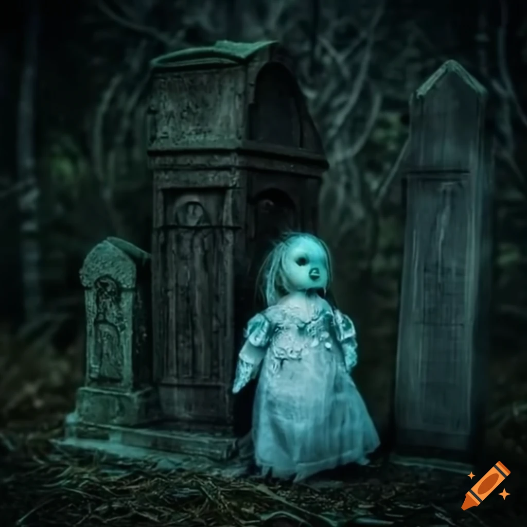 Creepy doll in a cemetery on Craiyon