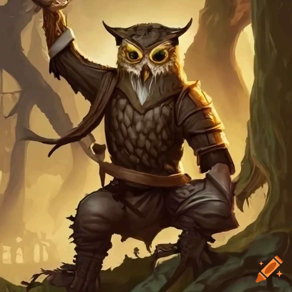 Illustration of an owl person ranger in dungeons and dragons on Craiyon