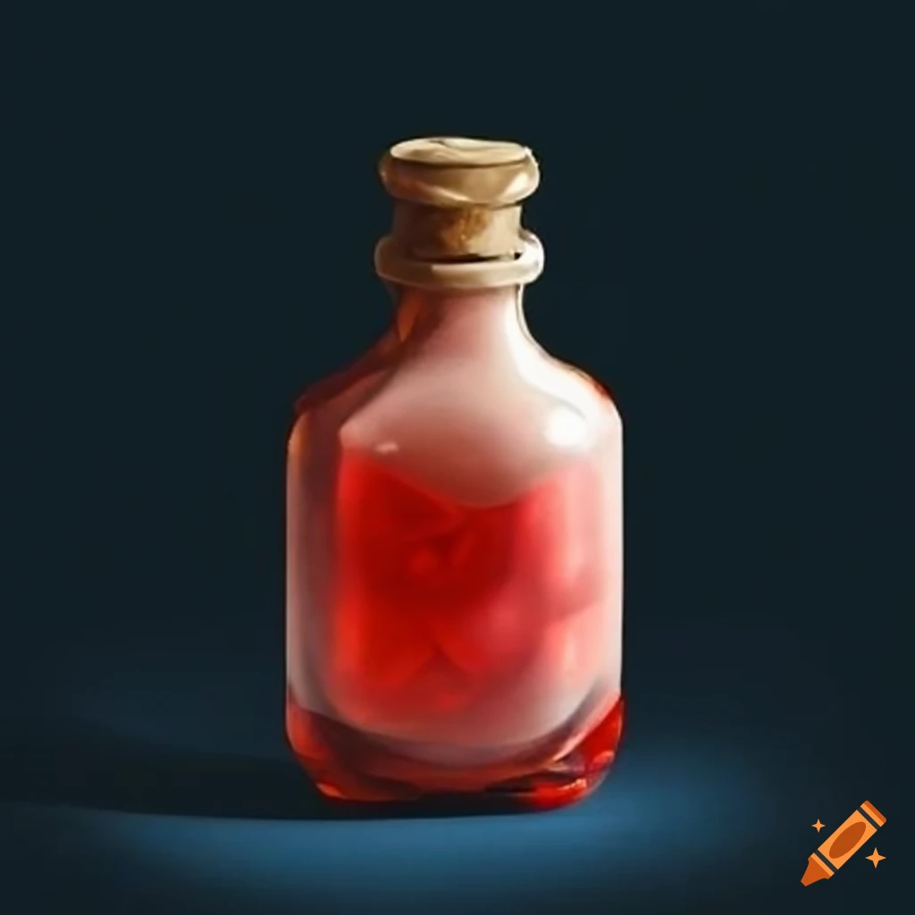 Realistic potion of liquid gray metal mercury with brown cap on Craiyon