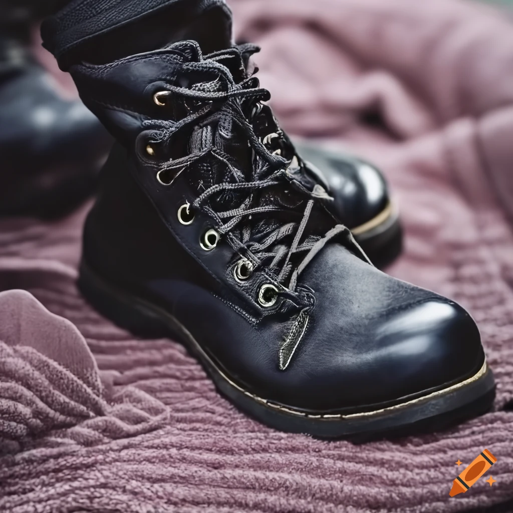 Close-up of worn black steel cap boots