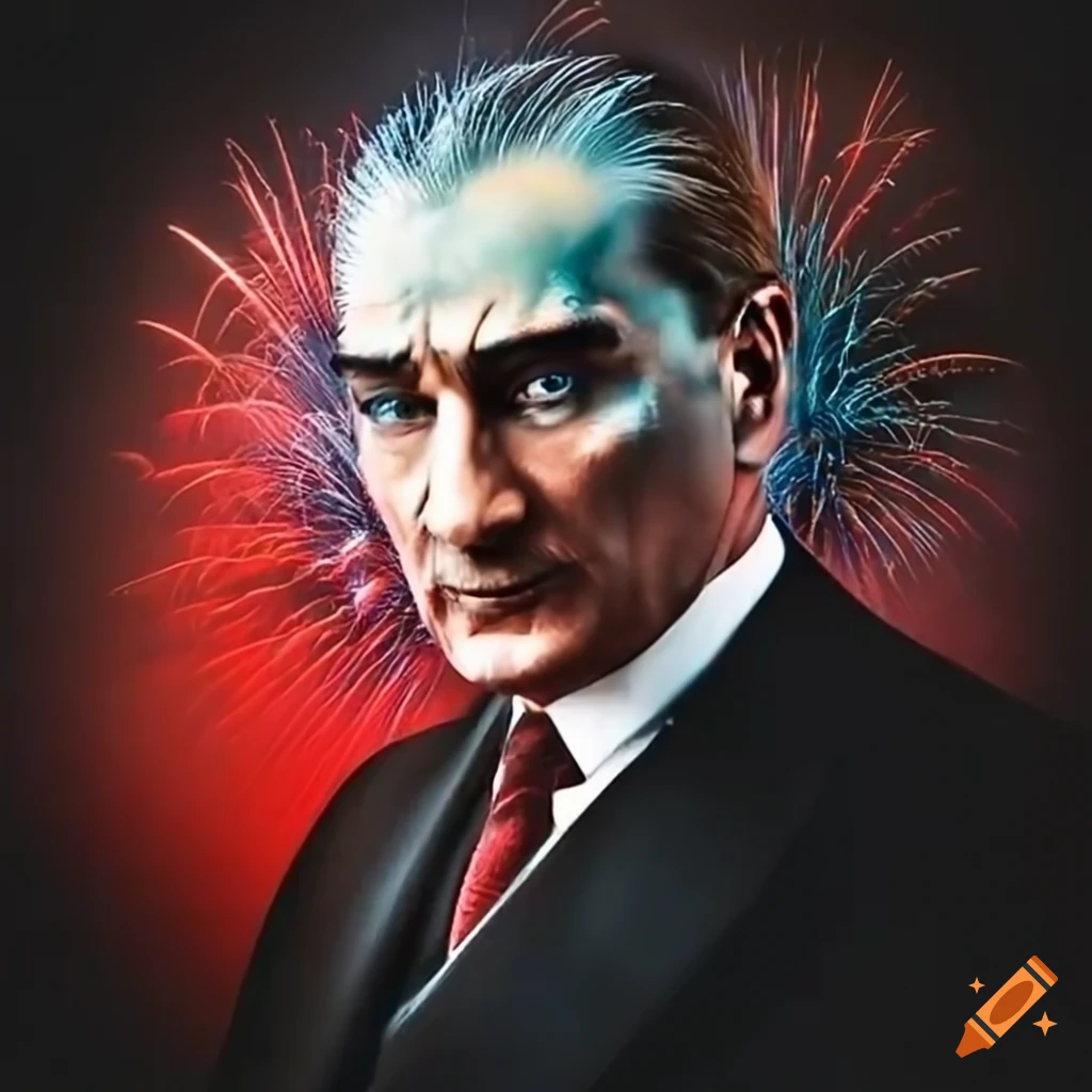 Atatürk with turkish flag and fireworks in the background on Craiyon