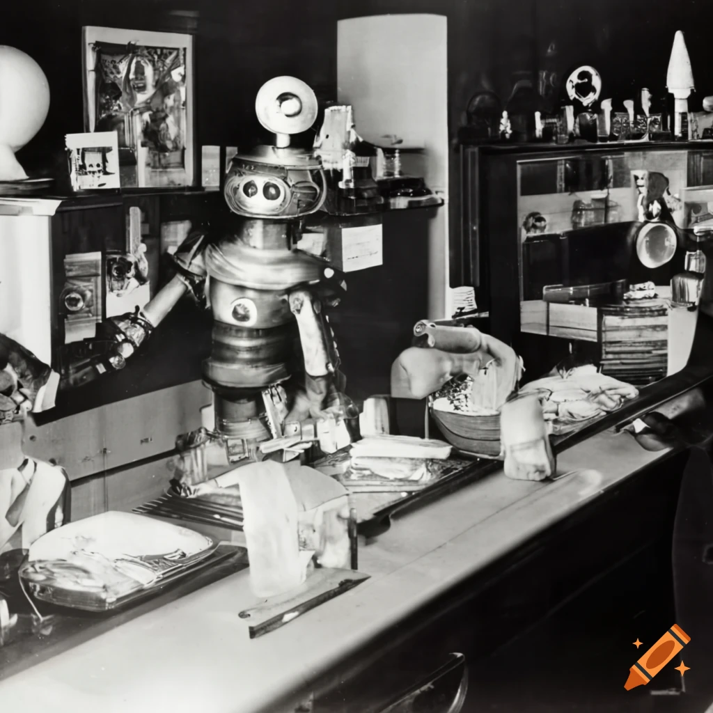 Alien robots working in an ice cream store in a vintage 1920s scene on ...