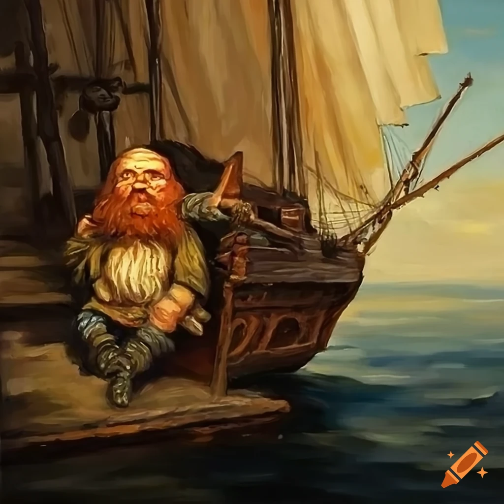 Oil painting of a weathered fisherman dwarf on a ship on Craiyon