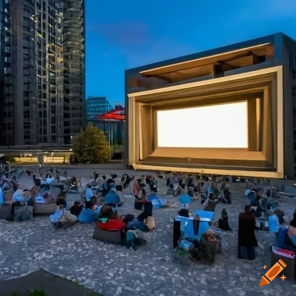 Modern plaza with open-air cinema on Craiyon