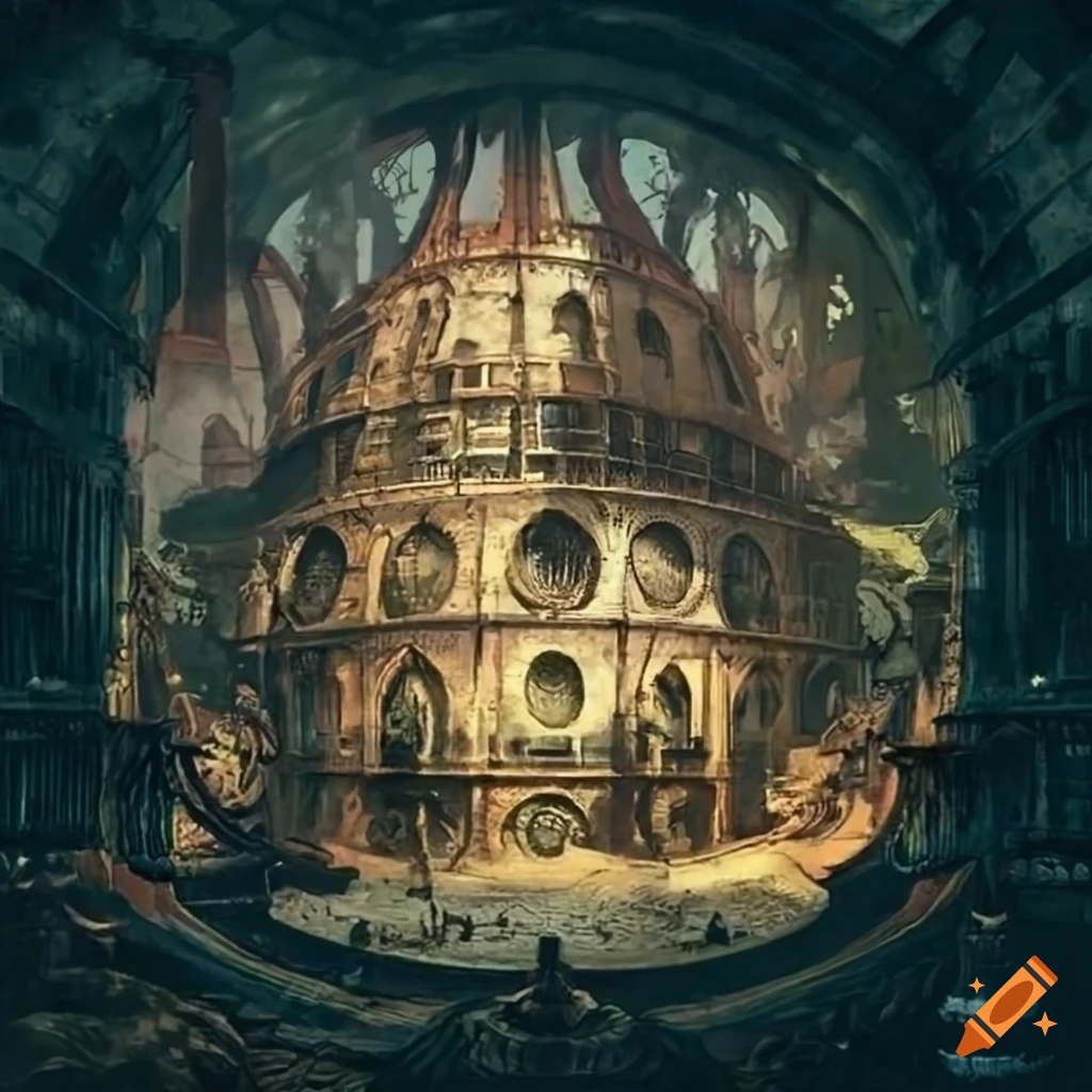 Steampunk fantasy city with circular structures