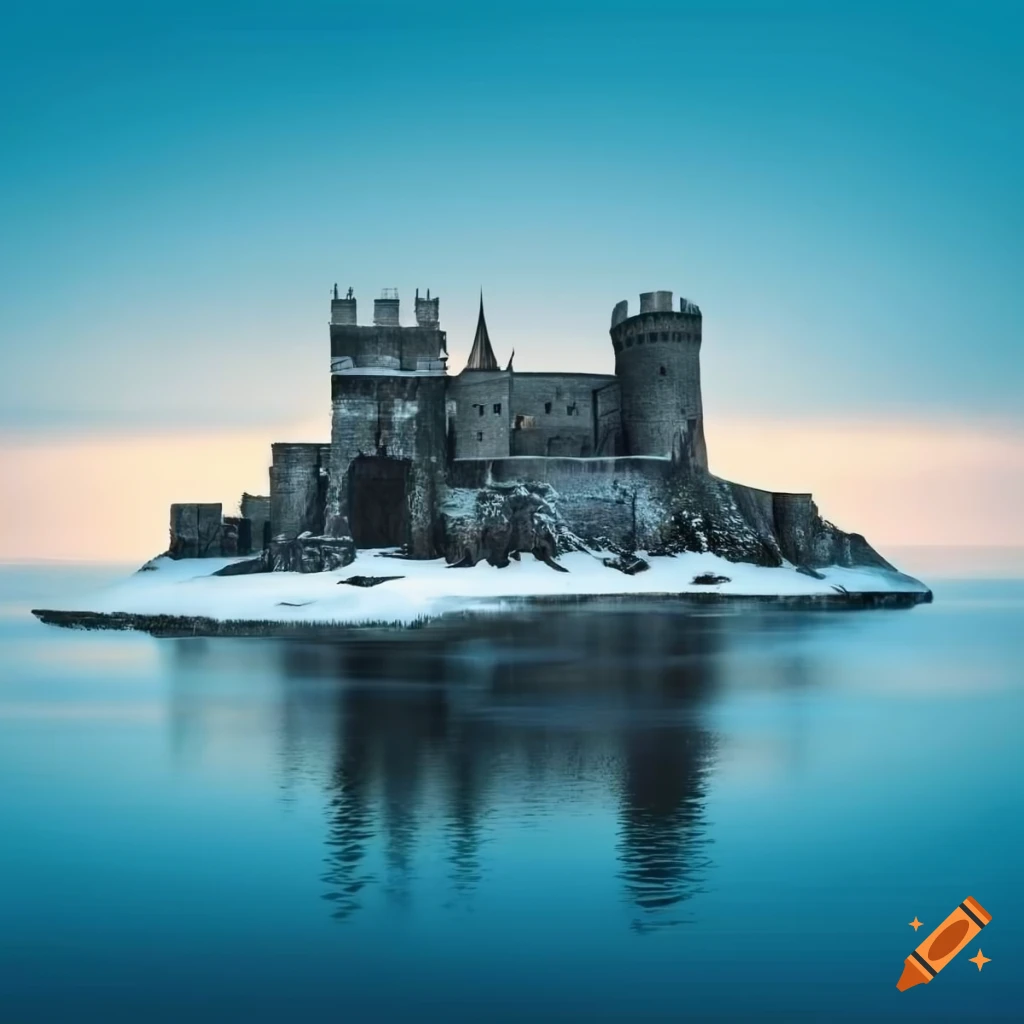 Lonely island with snow and a medieval castle on Craiyon