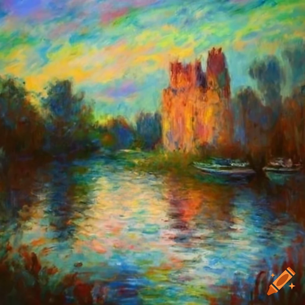 Impressionist monet-style painting of a riverside town on Craiyon