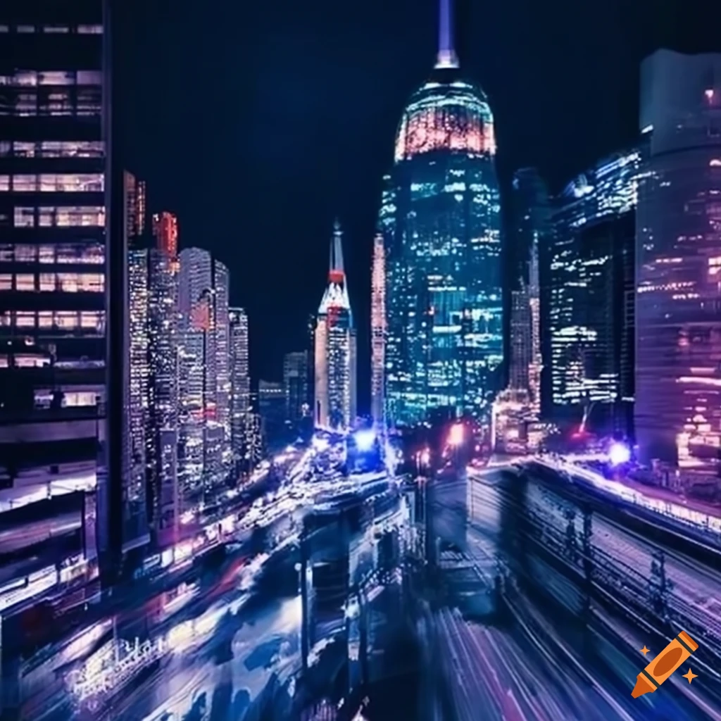Vibrant urban skyline illuminated at night on Craiyon